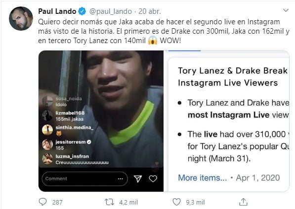 Jaka Saenger Paraguayo Récord en Instagram 165.000 vistas en un vivo